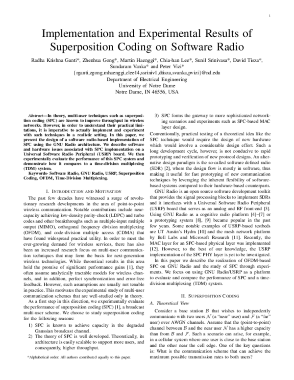 (PDF) Implementation and experimental results of superposition coding on software radio