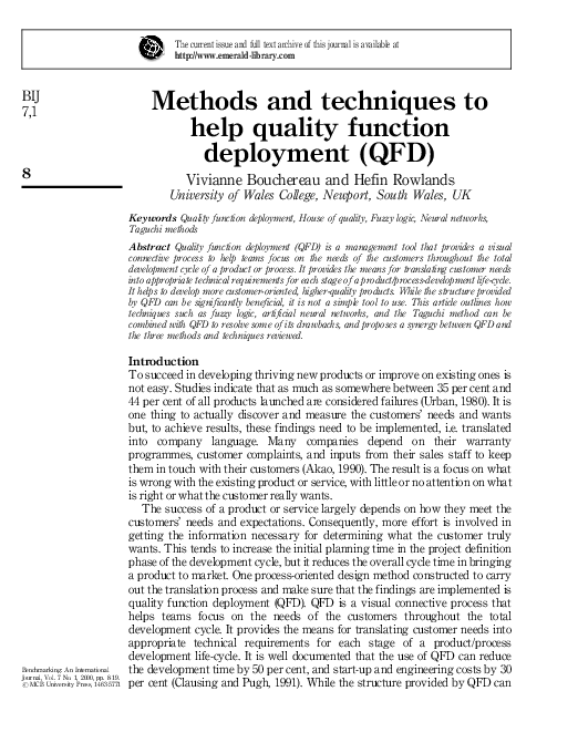 (PDF) Methods and techniques to help quality function deployment (QFD)