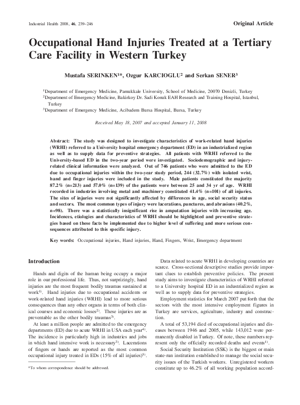 (PDF) Occupational hand injuries treated at a tertiary care facility in ...