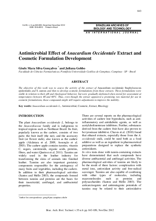 (PDF) Antimicrobial effect of Anacardium Occidentale extract and cosmetic formulation development