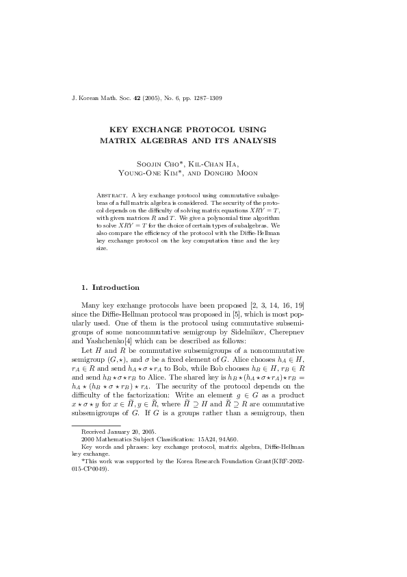 (PDF) Key Exchange Protocol Using Matrix Algebras and Its Analysis