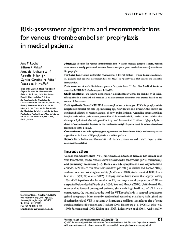 (PDF) Risk-assessment algorithm and recommendations for venous thromboembolism prophylaxis in ...
