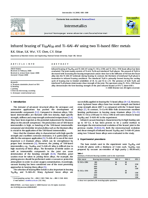 (PDF) Infrared brazing of Ti50Al50 and Ti–6Al–4V using two Ti-based ...
