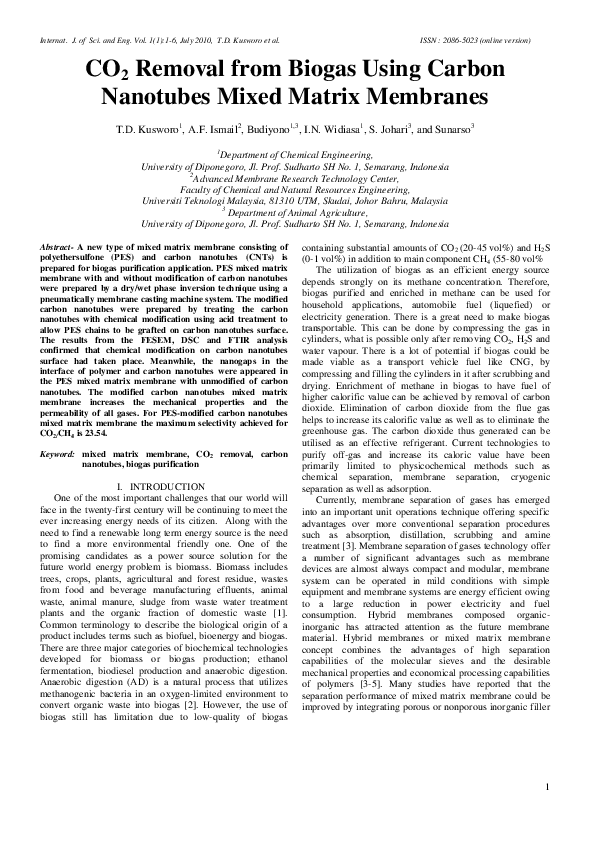 (PDF) CO2 Removal from Biogas Using Carbon Nanotubes Mixed Matrix Membranes