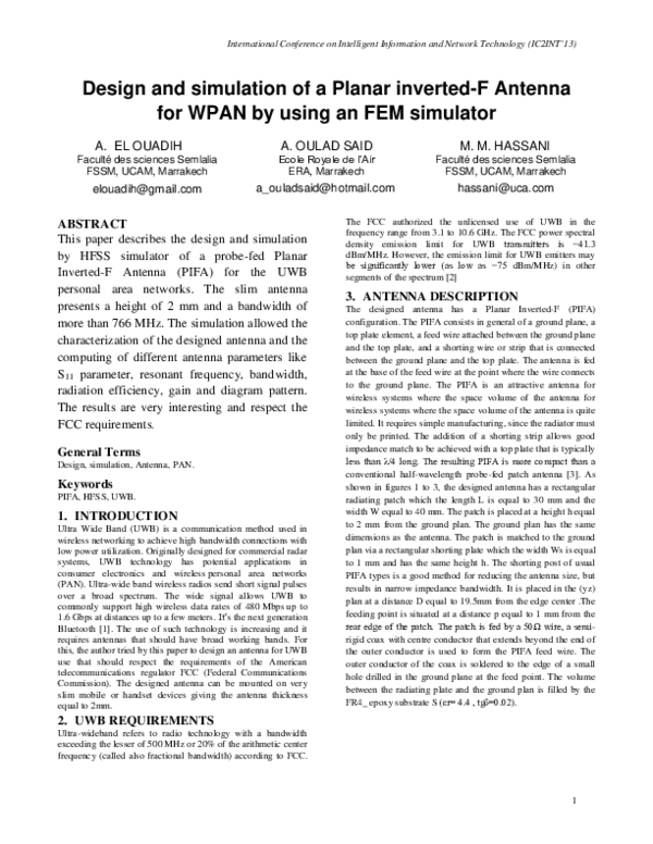 (PDF) Design and simulation of a planar inverted-F antenna (PIFA) for Wi-Fi and LTE Applications