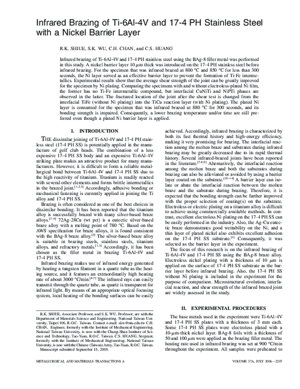 (PDF) Infrared brazing of Ti-6Al-4V and 17-4 PH stainless steel with a ...