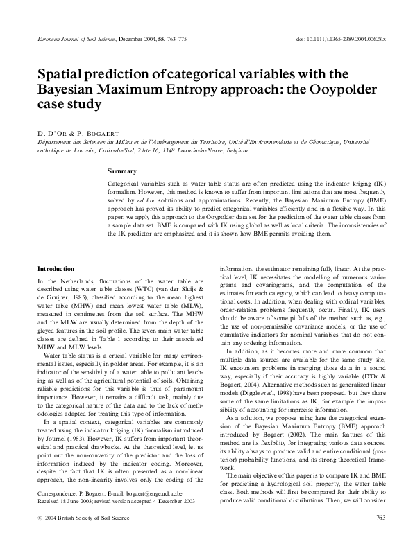 Pdf Spatial Prediction Of Categorical Variables With The Bayesian Maximum Entropy Approach