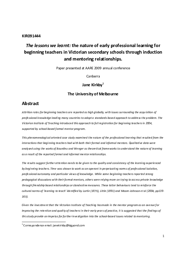 (PDF) … we learnt: the nature of early professional learning for beginning teachers in Victorian ...