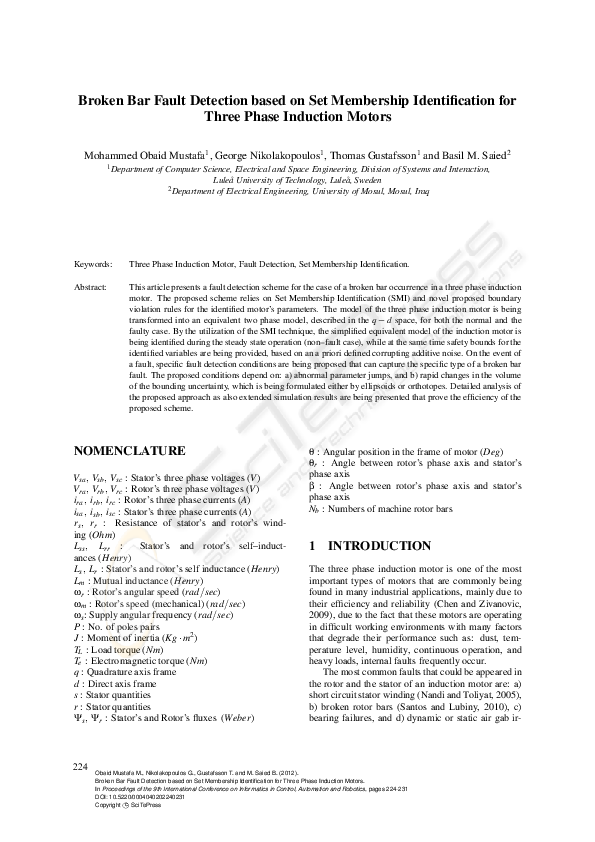 Pdf Broken Bar Fault Detection Based On Set Membership Identification For Three Phase