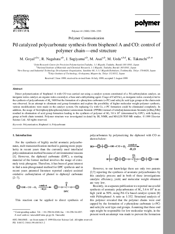 (PDF) Pd catalyzed polycarbonate synthesis from bisphenol A and CO ...