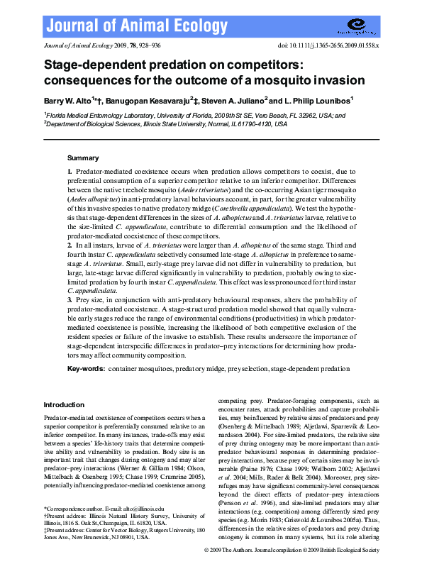 (PDF) Stage-dependent predation on competitors: consequences for the ...