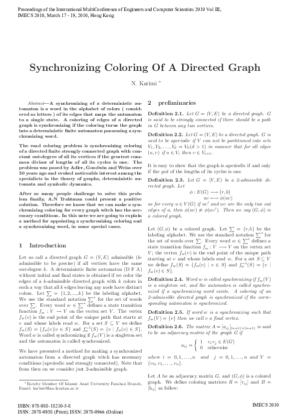 (PDF) Synchronizing Coloring Of A Directed Graph