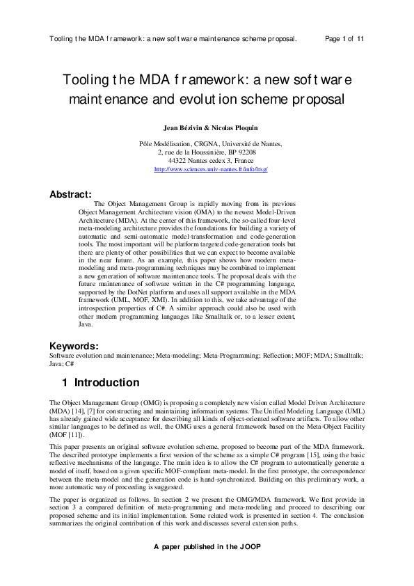 (PDF) Tooling the MDA framework: a new software maintenance and evolution scheme proposal