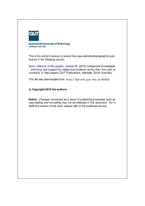(PDF) Indigenous knowledges : informing and supporting Indigenous ...