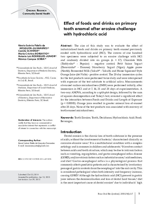 (PDF) Effect of foods and drinks on primary tooth enamel after erosive ...