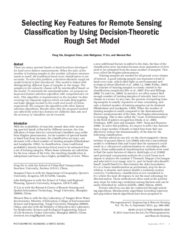 Pdf Selecting Key Features For Remote Sensing Classification By Using Decision Theoretic Rough