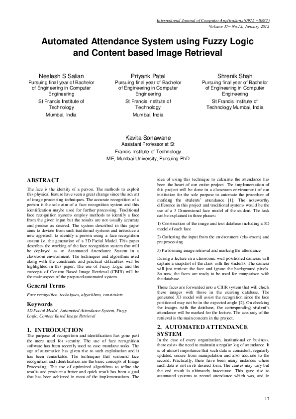 (PDF) Automated Attendance System using Fuzzy Logic and Content based Image Retrieval