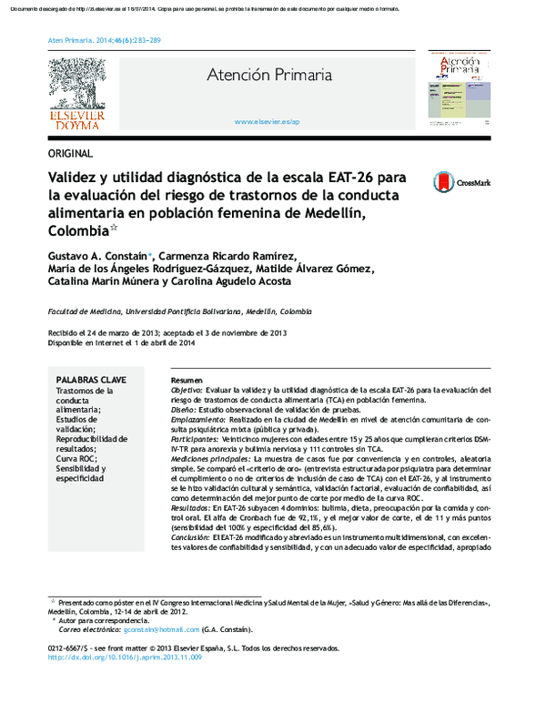 (PDF) Validez y utilidad diagnóstica de la escala EAT-26 para la ...