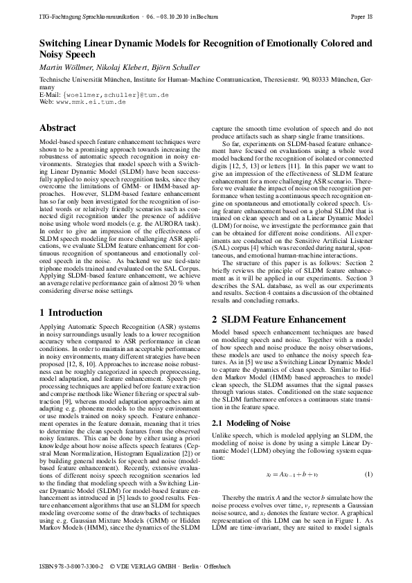 Pdf Switching Linear Dynamic Models For Recognition Of Emotionally Colored And Noisy Speech
