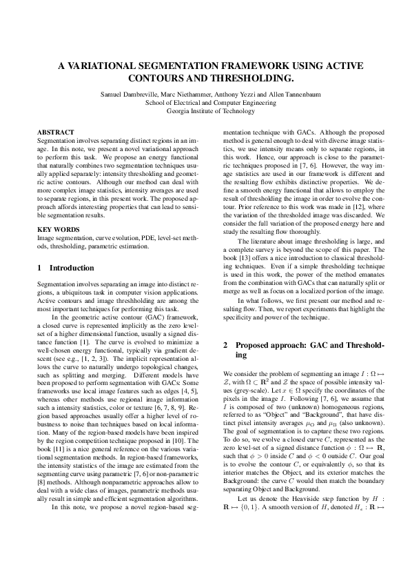 (PDF) A Variational Segmentation Framework Using Active Contours and Thresholding