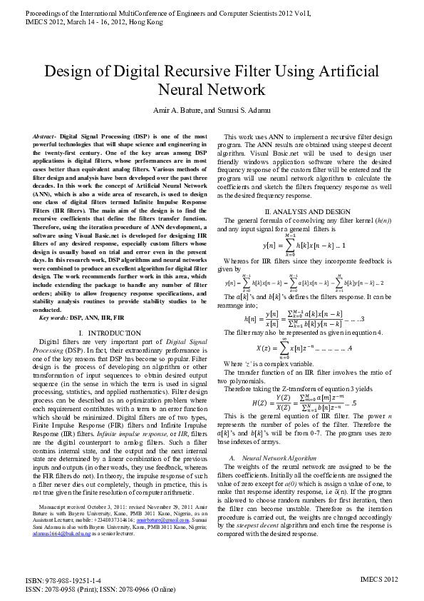 (PDF) Design of Digital Recursive Filter Using Artificial Neural Network