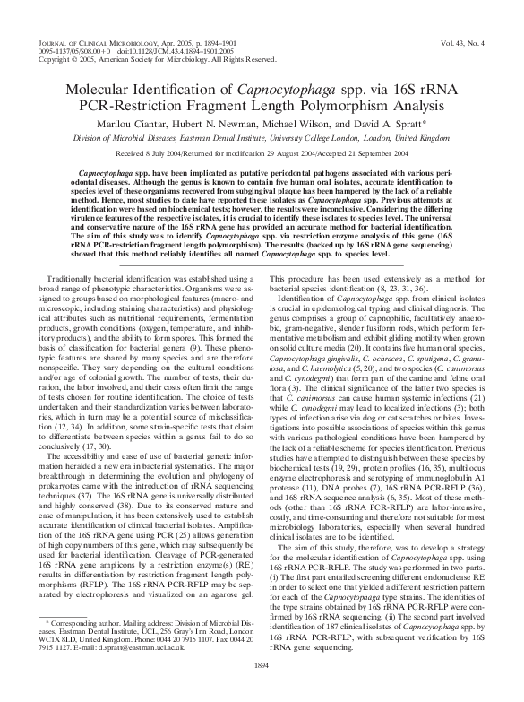 (PDF) Molecular Identification of Capnocytophaga spp. via 16S rRNA PCR-Restriction Fragment ...