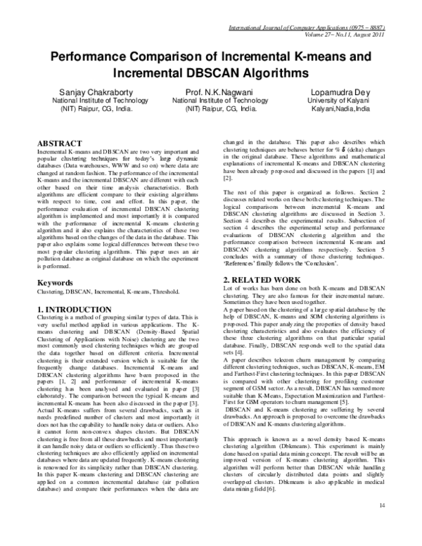 (PDF) Performance Comparison of Incremental K-means and Incremental DBSCAN Algorithms