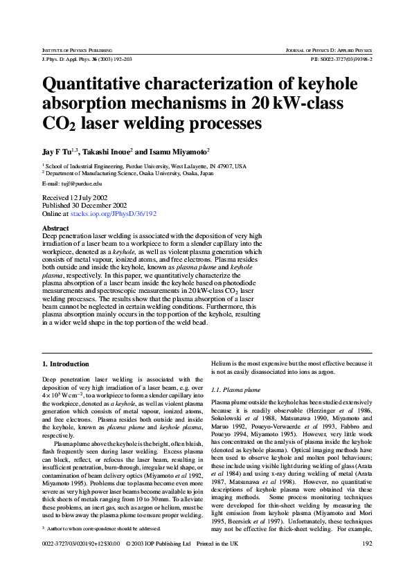 (PDF) Quantitative characterization of keyhole absorption mechanisms in 20 kW-class CO2 laser ...