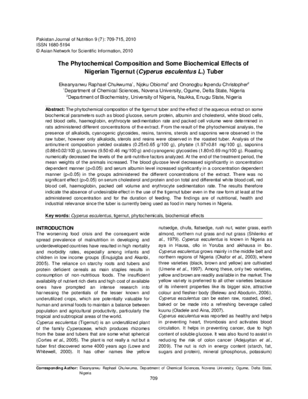 (PDF) The Phytochemical Composition and Some Biochemical Effects of Nigerian Tigernut (Cyperus ...