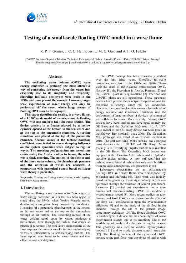 Pdf Testing Of A Small Scale Floating Owc Model In A Wave Flume