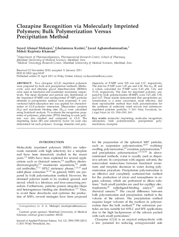 (PDF) Clozapine recognition via molecularly imprinted polymers; bulk polymerization versus ...