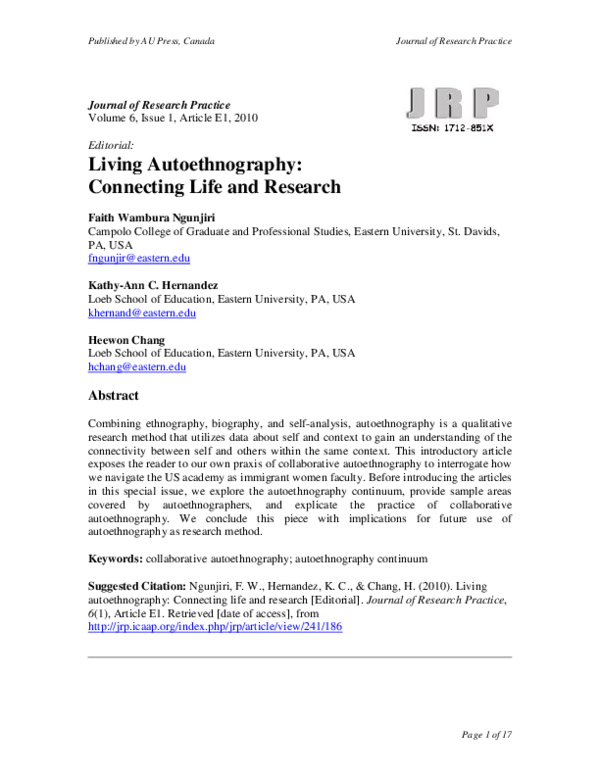 (PDF) Living Autoethnography: Connecting Life and Research