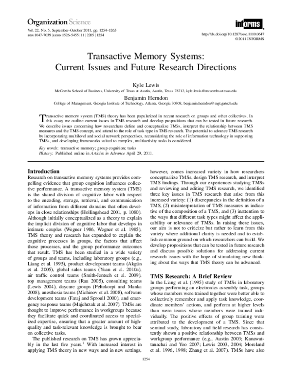 (PDF) Transactive memory systems: Current issues and future research directions