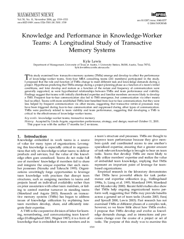 (PDF) Knowledge and performance in knowledge-worker teams: A longitudinal study of transactive ...