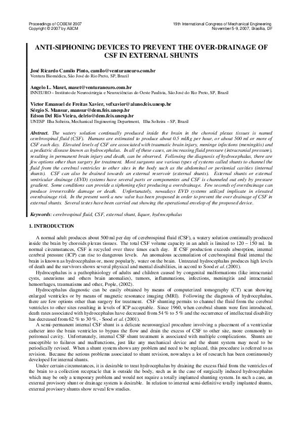 (PDF) Anti-Siphoning Devices to Prevent the Over-Drainage of CSF in ...