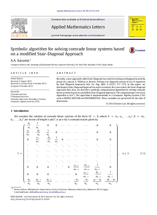 Pdf Symbolic Algorithm For Solving Comrade Linear Systems Based On A Modified Stair Diagonal