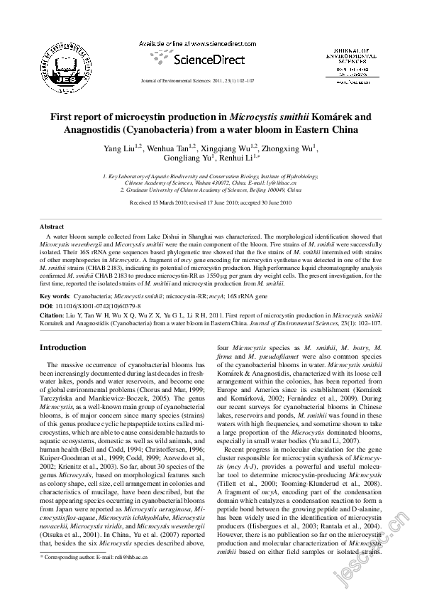 (PDF) First report of microcystin production in Microcystis smithii ...