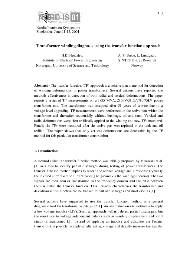 (PDF) Transformer winding diagnosis using the transfer function approach