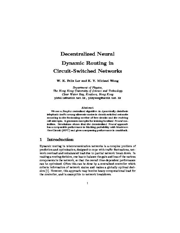 Pdf Decentralized Neural Dynamic Routing In Circuit Switched Networks