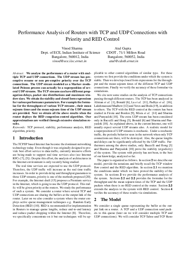 Pdf Performance Analysis Of Routers With Tcp And Udp Connections With Priority And Red Control