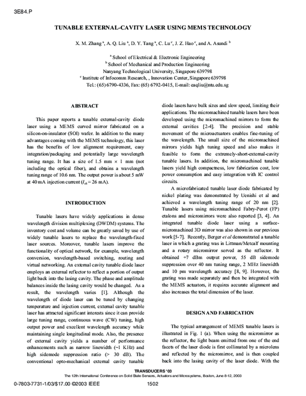 Pdf Tunable External Cavity Laser Using Mems Technology