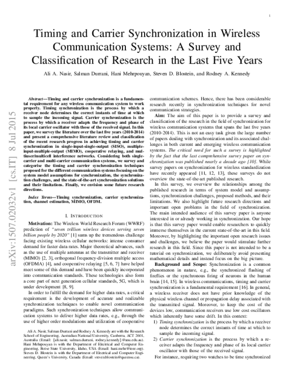 (PDF) Timing and Carrier Synchronization in Wireless Communication Systems: A Survey and ...