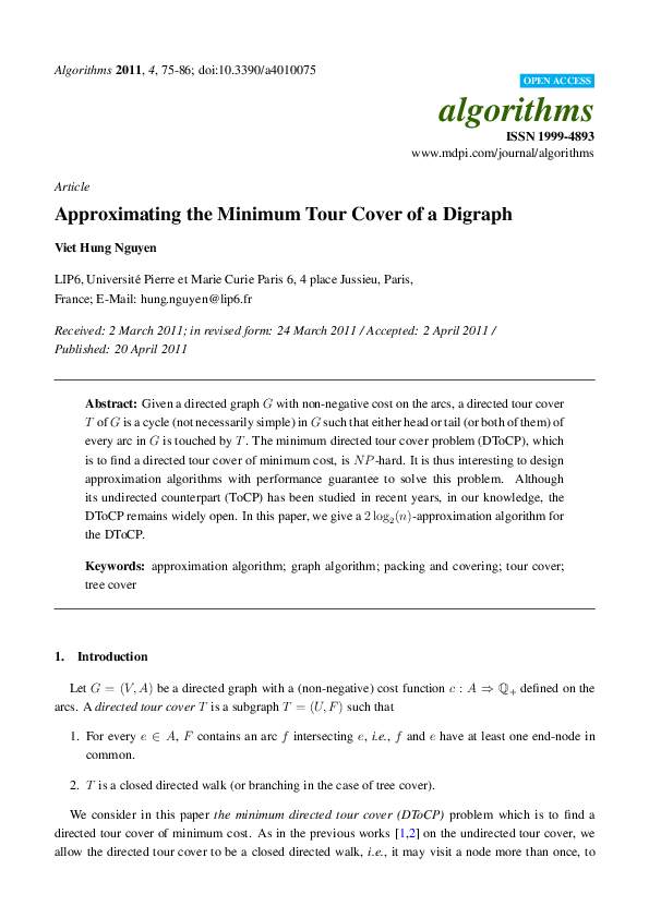 (PDF) Approximating the Minimum Tour Cover of a Digraph