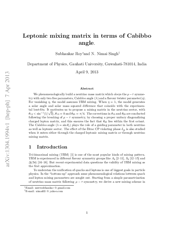 (PDF) Leptonic mixing matrix in terms of Cabibbo angle