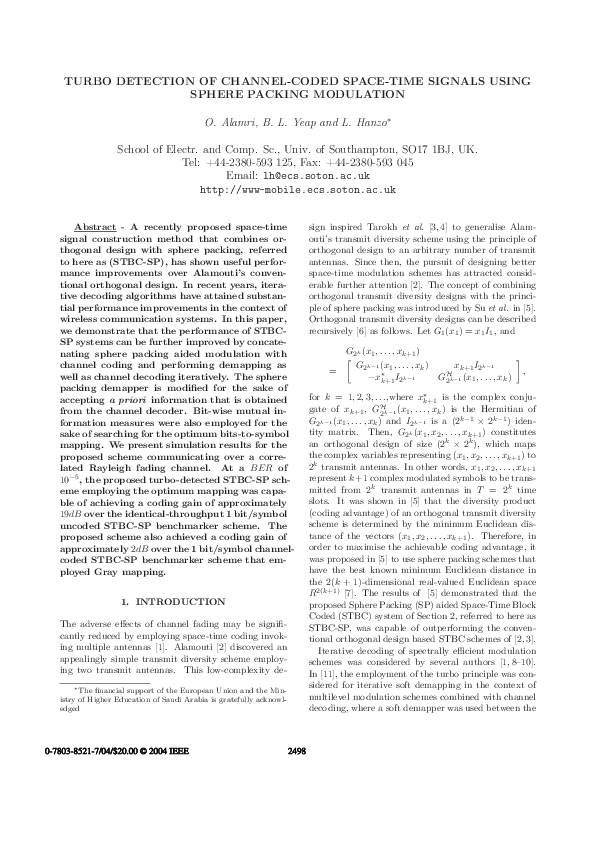 (PDF) Turbo detection of channel-coded space-time signals using sphere packing modulation