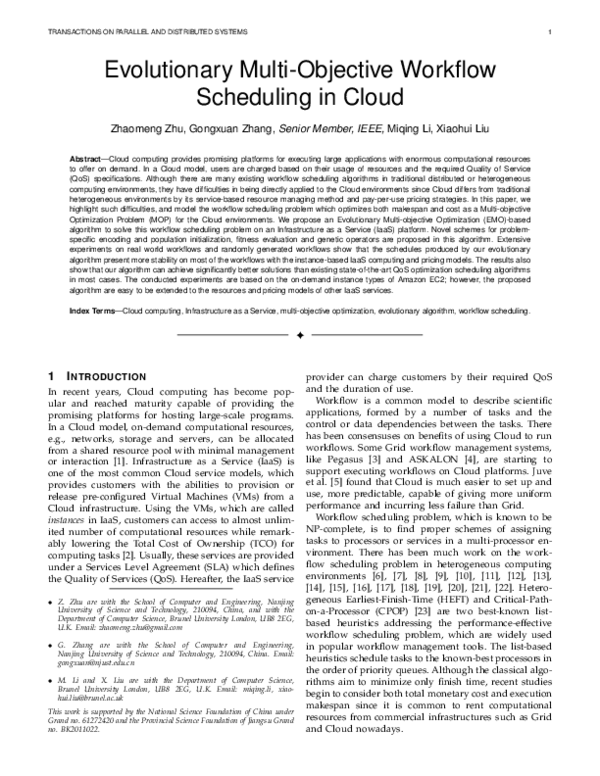 (PDF) Evolutionary multi-objective Workflow scheduling in cloud | Gongxuan Zhang - Academia.edu