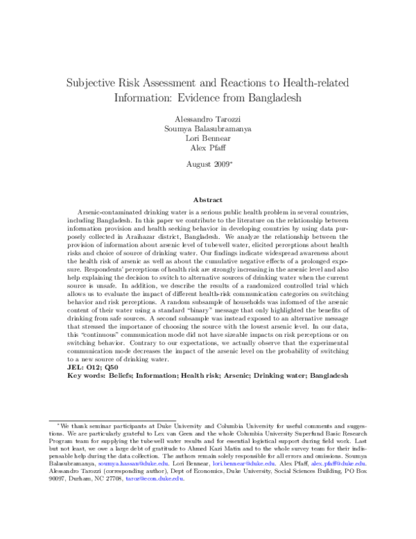 (PDF) Subjective Risk Assessment and Reactions to Health-related ...