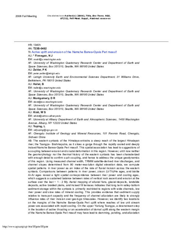 (PDF) Active uplift and erosion of the Namche Barwa-Gyala Peri massif