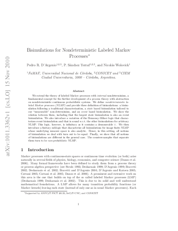 (PDF) Bisimulations for non-deterministic labelled Markov processes
