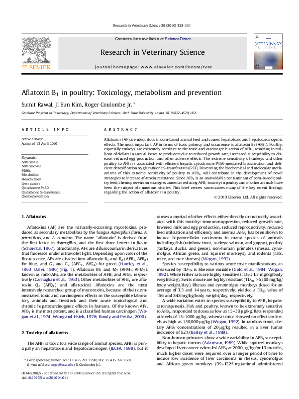 (PDF) Aflatoxin B1 in poultry: Toxicology, metabolism and prevention